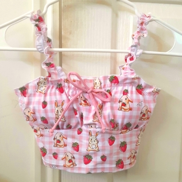 Tops | Pink Gingham Bunny Strawberry Kawaii Top Swimsuit | Poshmark